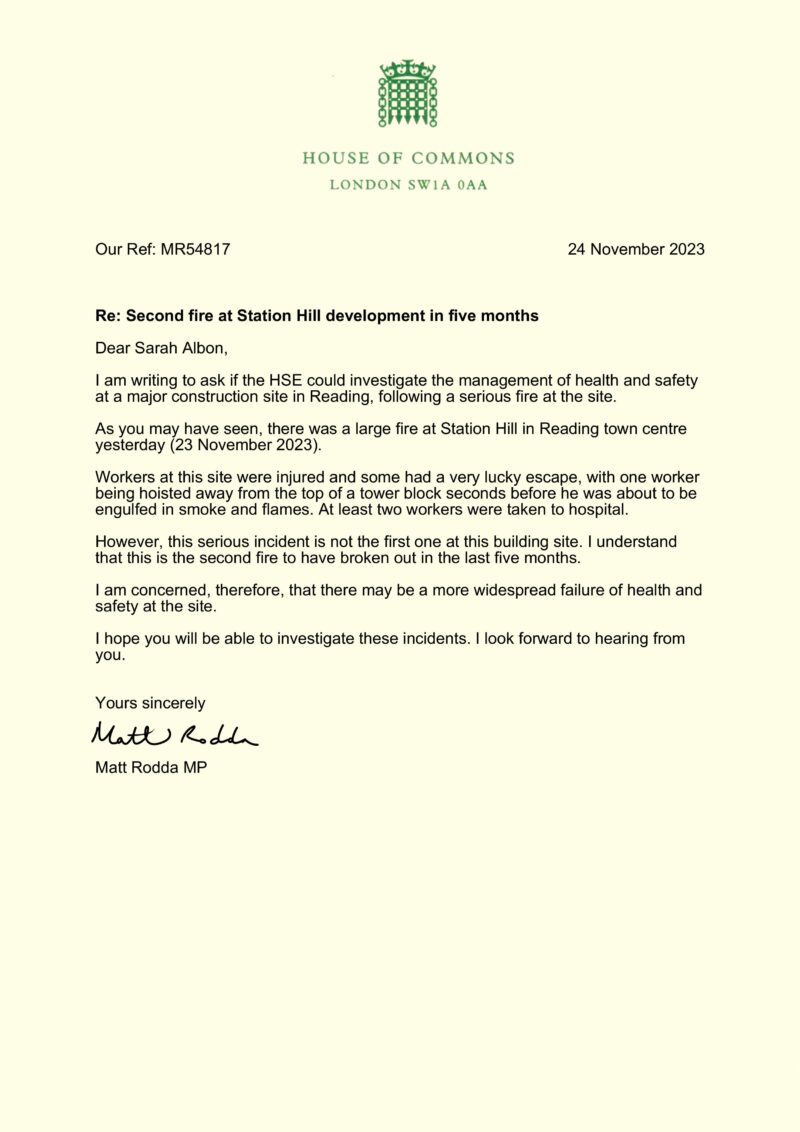 Station Hill Fire: Letter to the Health and Safety Executive - Matt Rodda