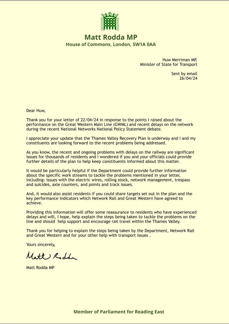 Delays on the Great Western Main Line: Letter to Huw Merriman - Matt Rodda